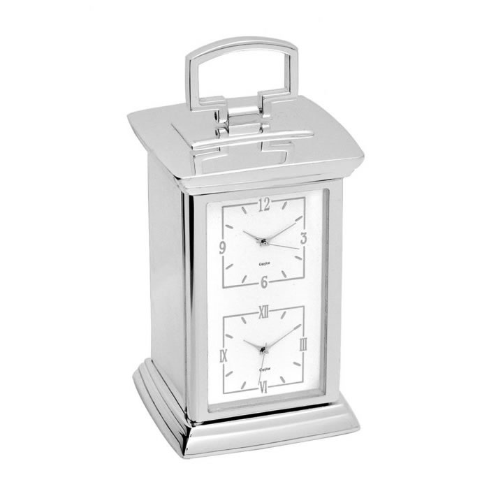 Engraved Silver Plated Dual Time Carriage Clock - Business Gifts Supplier