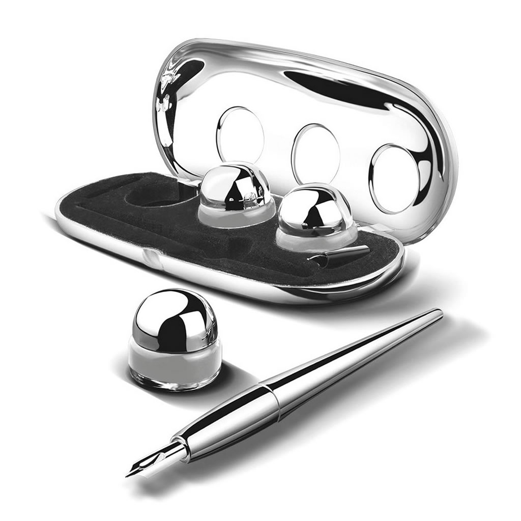 Silver Plated Fountain Pen & Inkwell Desktop Set - Business Gifts Supplier